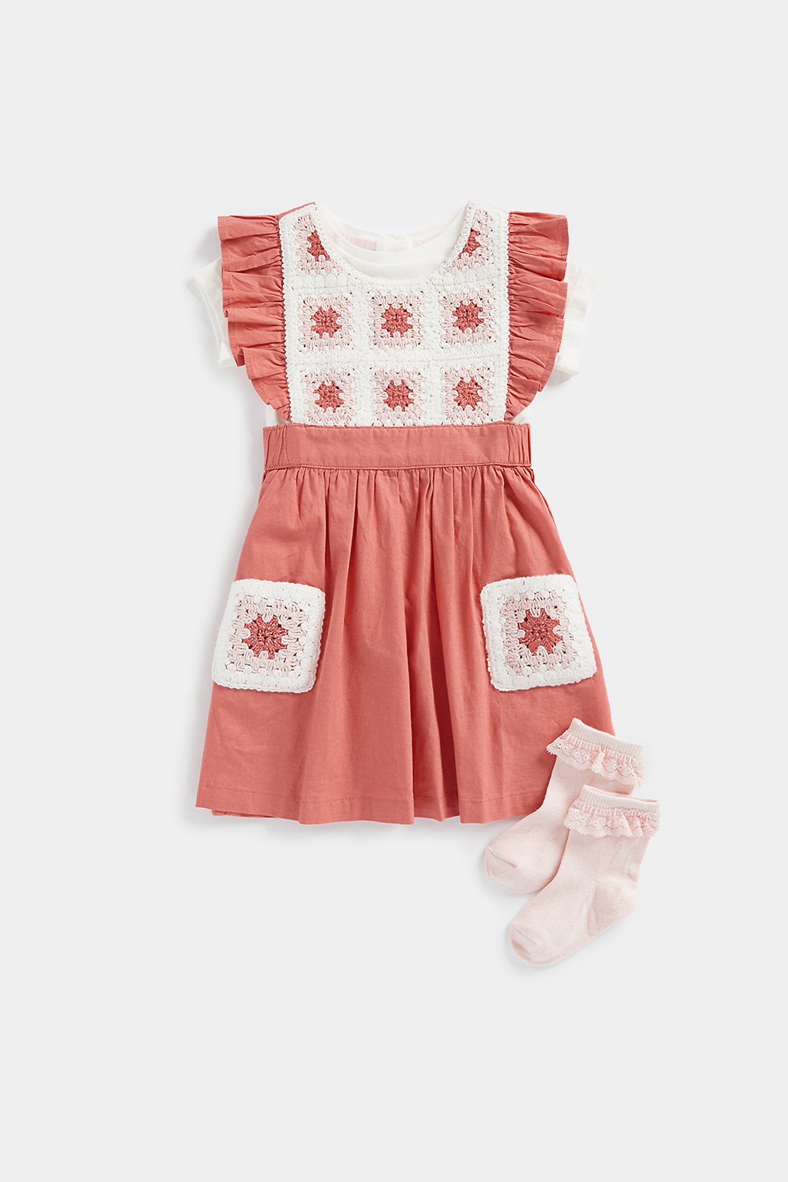 Buy Mothercare Pink Pinny Dress, T-Shirt and Socks Set Online in ...